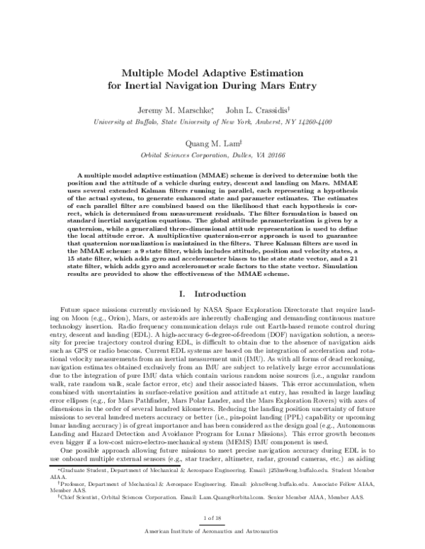 Pdf Multiple Model Adaptive Estimation For Inertial Navigation During Mars Entry Quang Lam