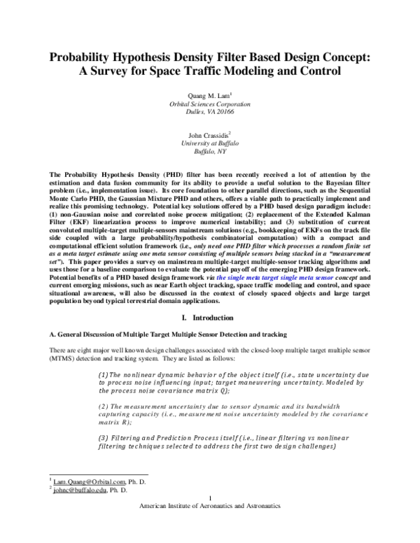 (PDF) Probability Hypothesis Density Filter Based Design Concept: A Survey for Space Traffic ...