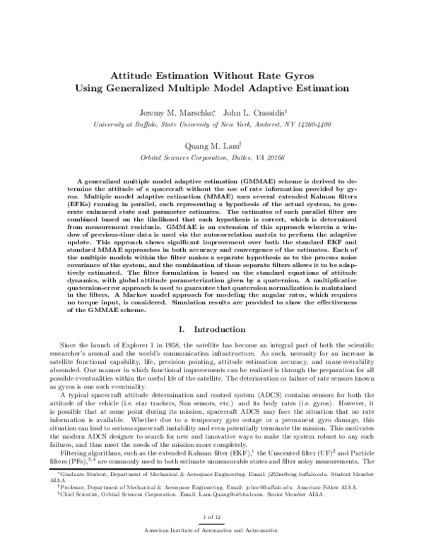Pdf Attitude Estimation Without Rate Gyros Using Generalized Multiple Model Adaptive Estimation