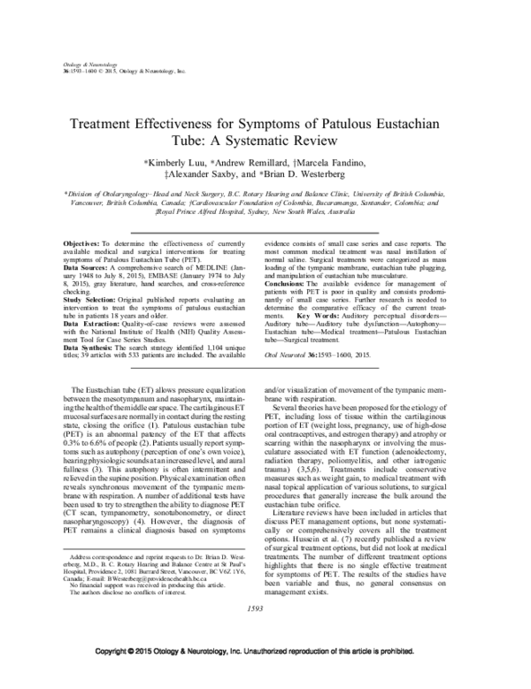(PDF) Treatment Effectiveness for Symptoms of Patulous Eustachian Tube