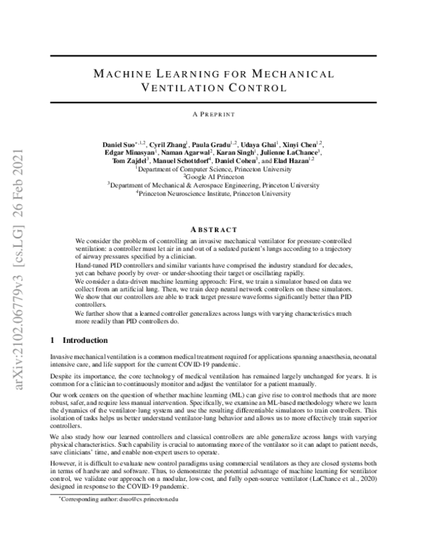 (PDF) Machine Learning for Mechanical Ventilation Control