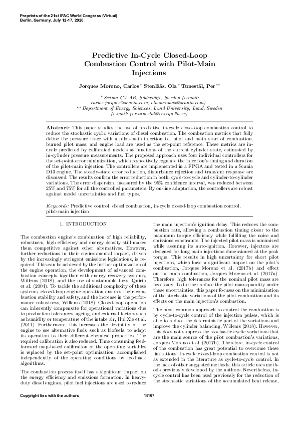 Pdf Predictive In Cycle Closed Loop Combustion Control With Pilot Main Injections