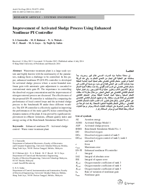(PDF) Improvement of Activated Sludge Process Using Enhanced Nonlinear PI Controller