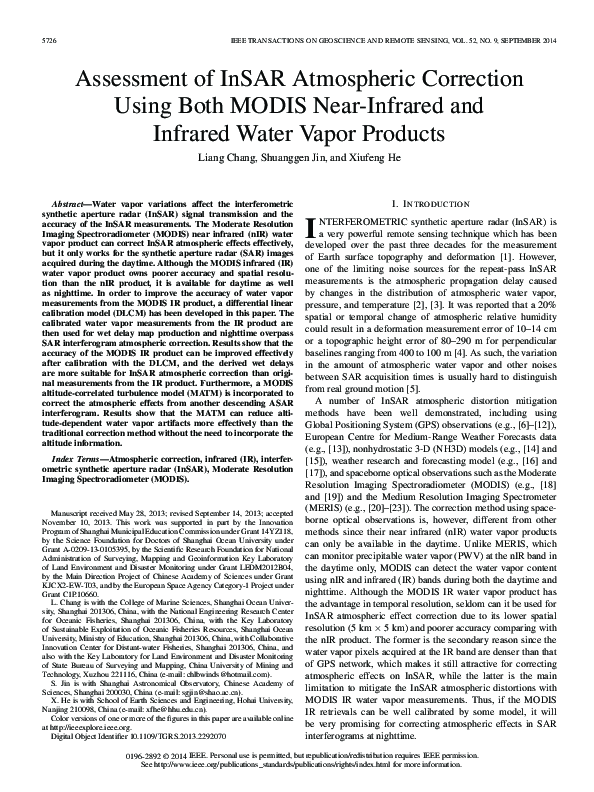 Pdf Assessment Of Insar Atmospheric Correction Using Both Modis Near Infrared And Infrared