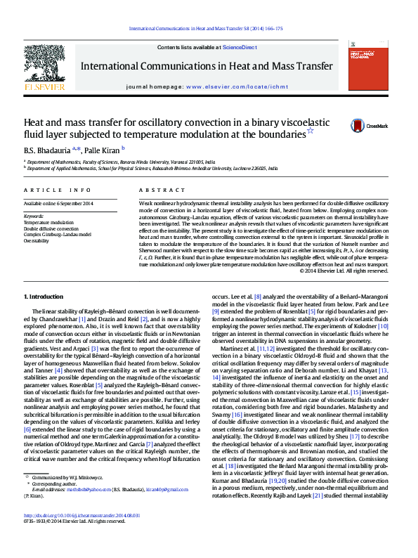 (PDF) Heat and mass transfer for oscillatory convection in a binary viscoelastic fluid layer ...
