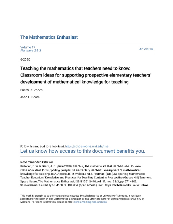 (PDF) Teaching the mathematics that teachers need to know: Classroom ...