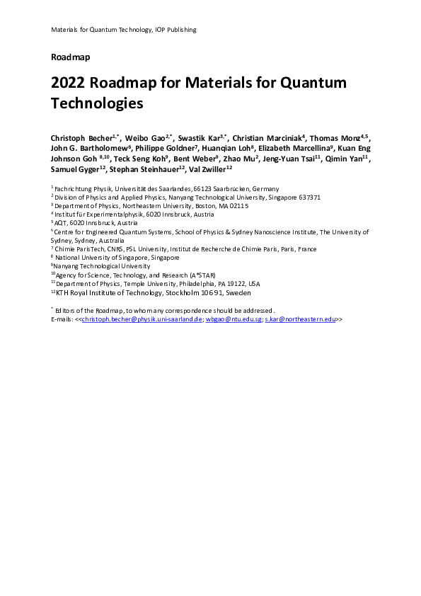 (PDF) 2022 Roadmap for Materials for Quantum Technologies