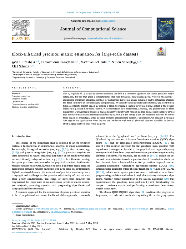 Pdf Block Enhanced Precision Matrix Estimation For Large Scale Datasets Simon Scheidegger