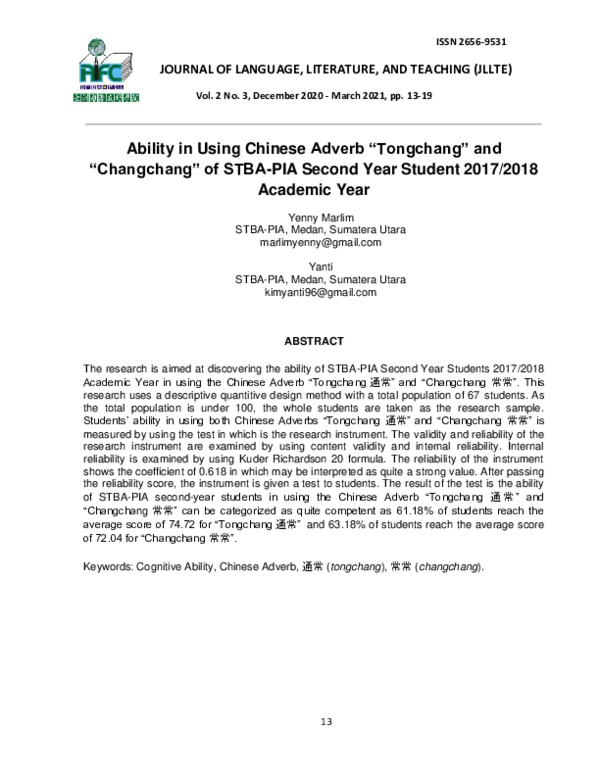 Ability in Using Chinese Adverb “Tongchang” and “Changchang” of Stba ...