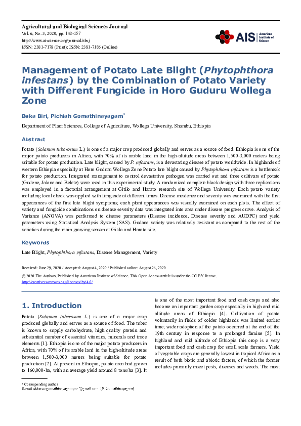 (PDF) Management of Potato Late Blight (Phytophthora infestans) by the Combination of Potato ...