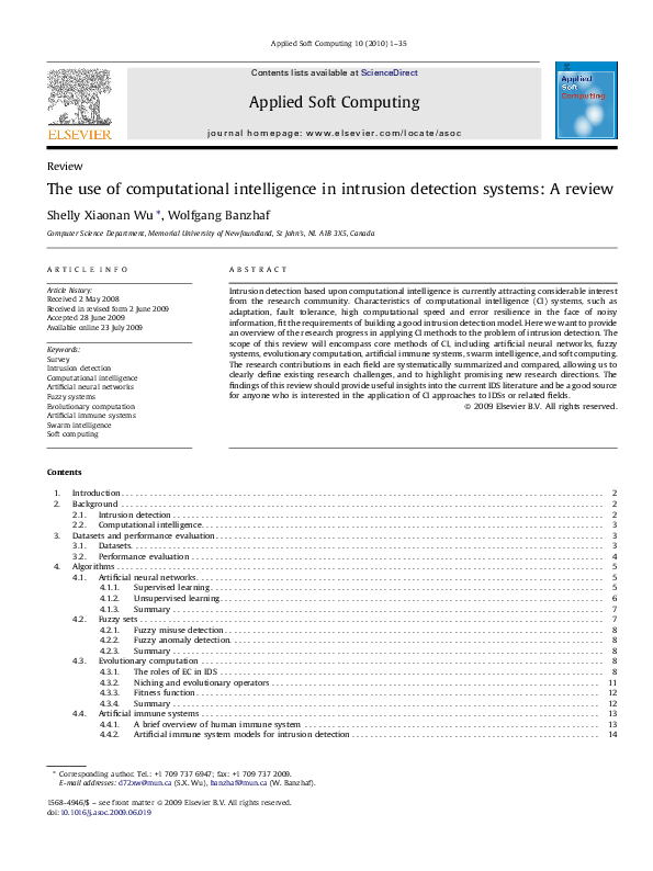 (PDF) The use of computational intelligence in intrusion detection systems: A review