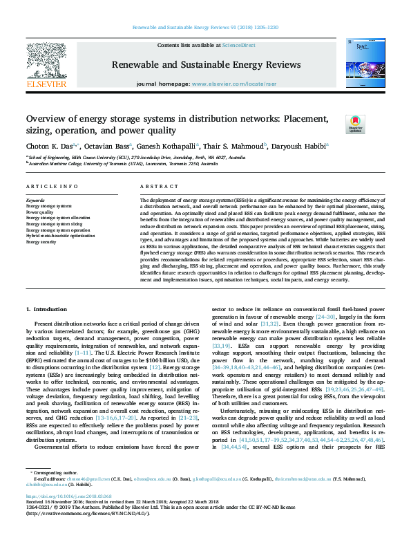 Pdf Overview Of Energy Storage Systems In Distribution Networks Placement Sizing Operation
