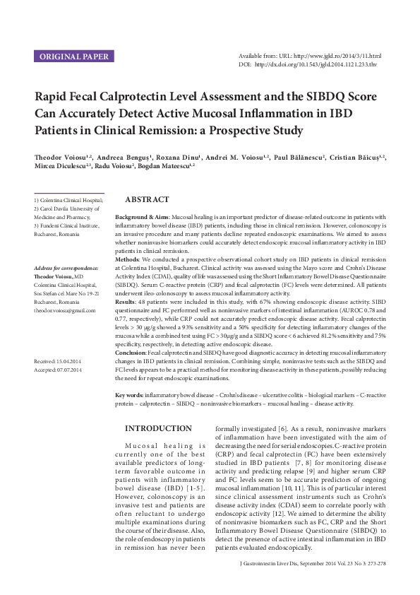 (PDF) Rapid fecal calprotectin level assessment and the SIBDQ score can ...
