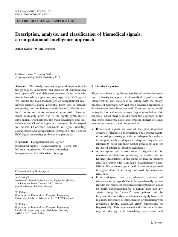 (PDF) Description, analysis, and classification of biomedical signals: a computational ...