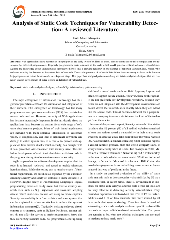 Pdf Analysis Of Static Code Techniques For Vulnerability Detection A