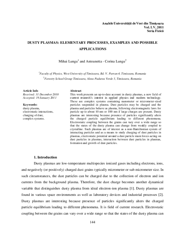 (PDF) Dusty Plasmas: Elementary Processes, Examples and Possible ...