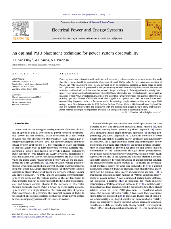 Pdf An Optimal Pmu Placement Technique For Power System Observability Biman Kumar Saha Roy