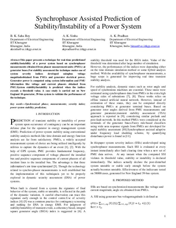(PDF) Synchrophasor-Assisted Prediction of Stability/Instability of a Power System