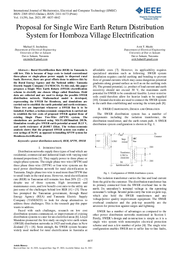 Pdf Proposal For Single Wire Earth Return Distribution System For Homboza Village