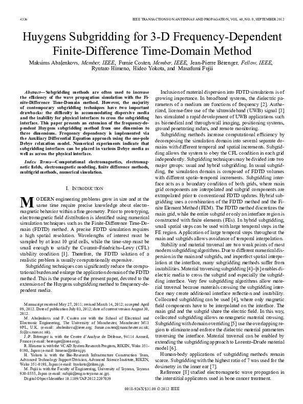 (PDF) Huygens Subgridding for 3-D Frequency-Dependent Finite-Difference Time-Domain Method
