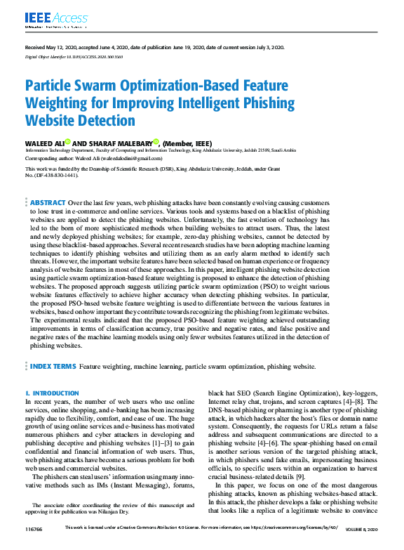 (PDF) Particle Swarm Optimization-Based Feature Weighting for Improving Intelligent Phishing ...