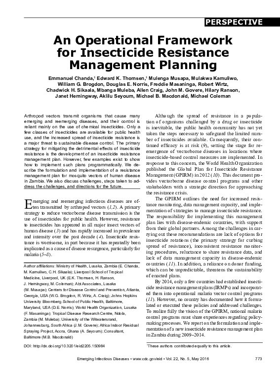 (PDF) An Operational Framework for Insecticide Resistance Management Planning