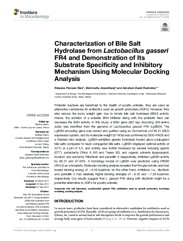 (PDF) Characterization of Bile Salt Hydrolase from Lactobacillus gasseri FR4 and Demonstration ...
