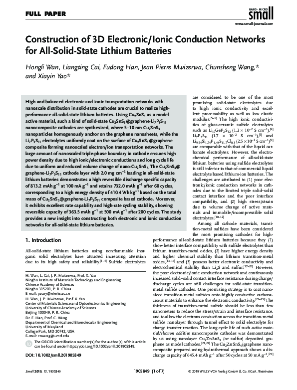 (PDF) Construction of 3D Electronic/Ionic Conduction Networks for All‐Solid‐State Lithium Batteries