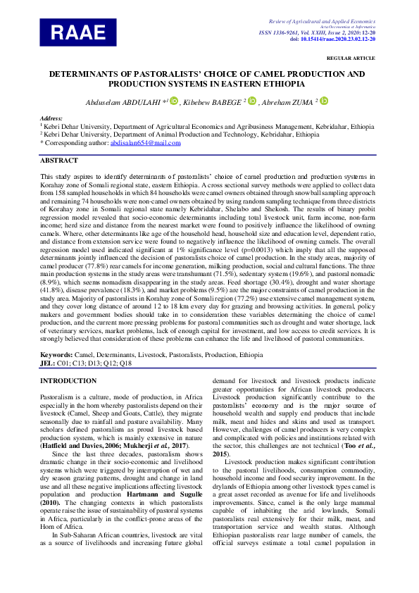 (PDF) Determinants of Pastoralists Choice of Camel Production and ...