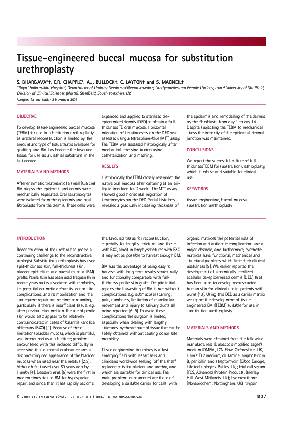 (PDF) Tissue-engineered buccal mucosa for substitution urethroplasty