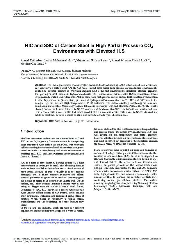 (PDF) HIC and SSC of Carbon Steel in High Partial Pressure CO2 ...