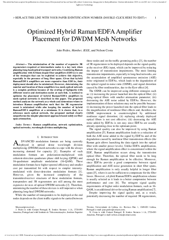 (PDF) Optimized Hybrid Raman/EDFA Amplifier Placement for DWDM Mesh Networks