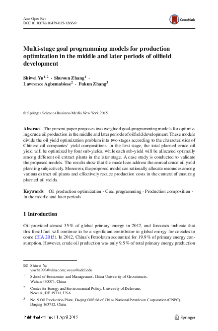 (PDF) Multi-stage goal programming models for production optimization ...