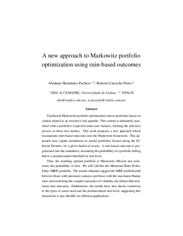 (PDF) A new approach to Markowitz portfolio optimization using ruin-based outcomes