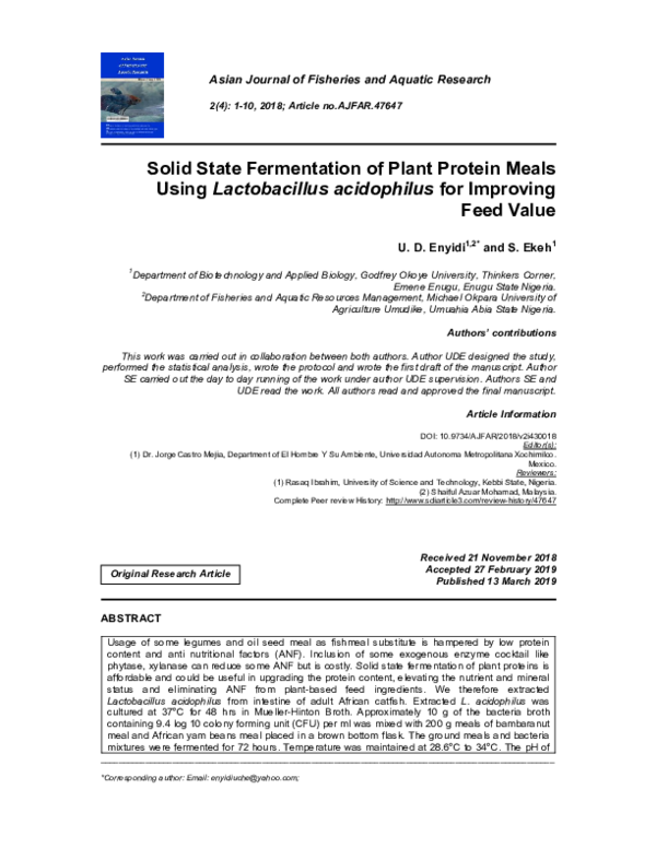 (PDF) Solid State Fermentation of Plant Protein Meals Using Lactobacillus acidophilus for ...