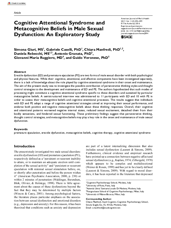 Pdf Cognitive Attentional Syndrome And Metacognitive Beliefs In Male Sexual Dysfunction An