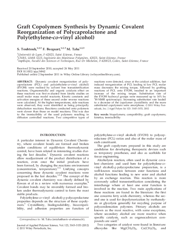 (PDF) Graft copolymers synthesis by dynamic covalent reorganization of polycaprolactone and poly ...
