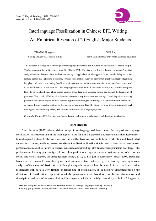 (PDF) Interlanguage Fossilization in Chinese EFL Writing—An Empirical ...