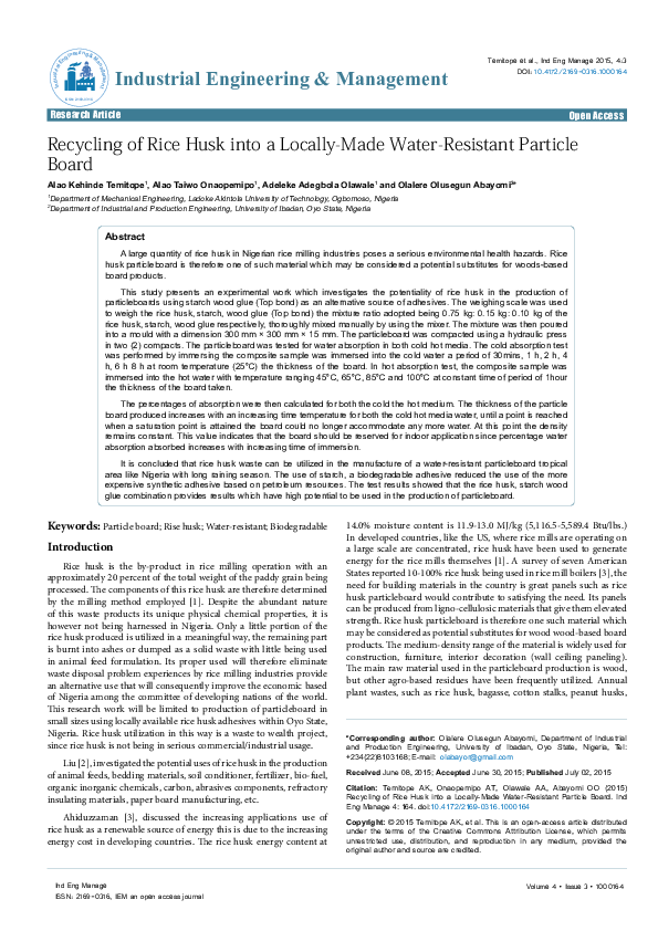(PDF) Recycling of Rice Husk into a Locally-Made Water-Resistant ...