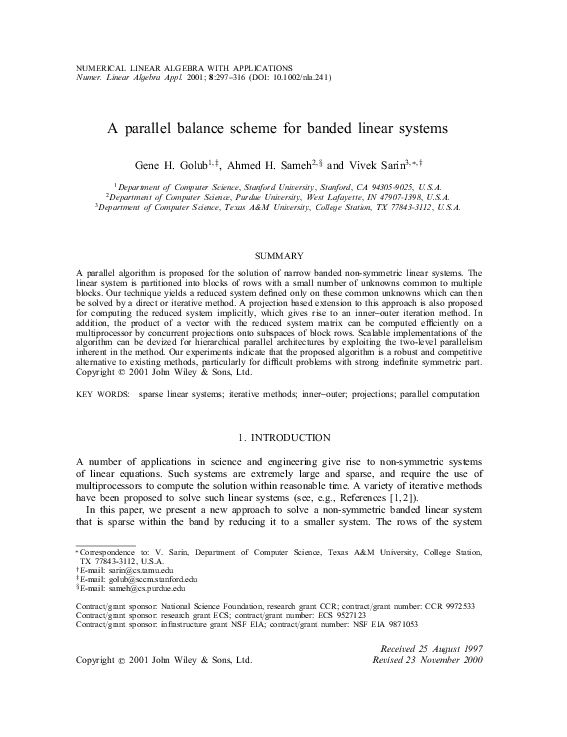 (PDF) A parallel balance scheme for banded linear systems | Ahmed Sameh ...