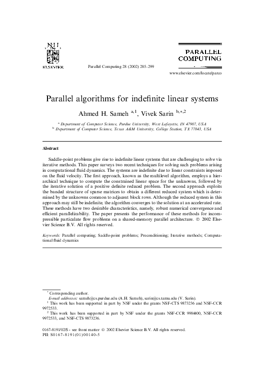 Pdf Parallel Algorithms For Indefinite Linear Systems Ahmed Sameh