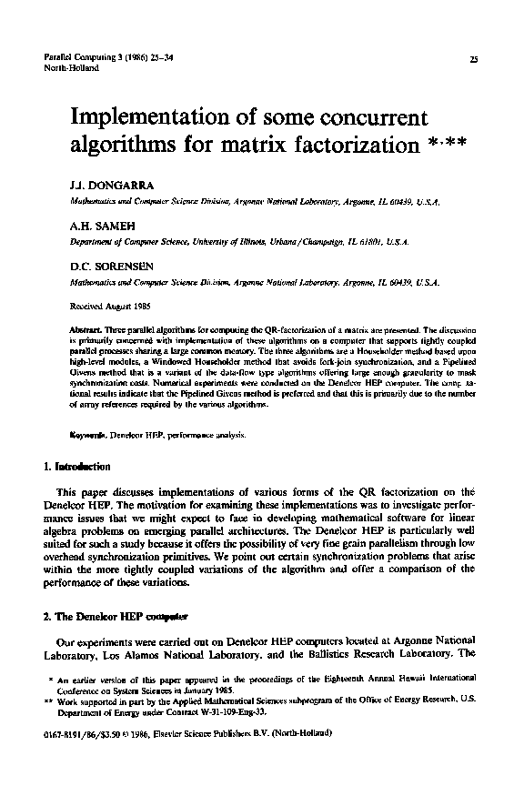(PDF) Implementation of some concurrent algorithms for matrix factorization