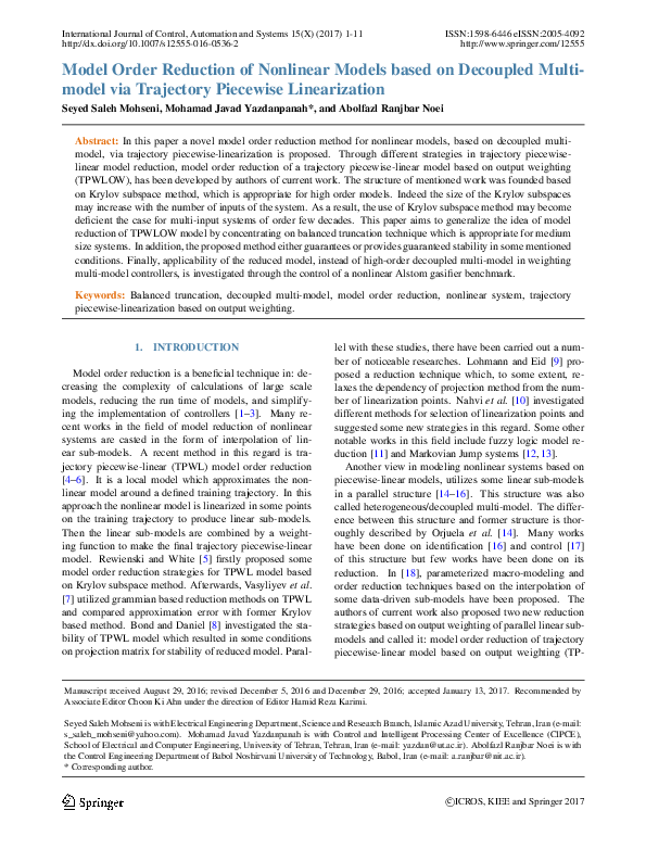 (PDF) Model order reduction of nonlinear models based on decoupled ...