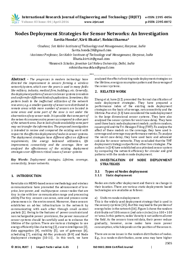 (PDF) Nodes Deployment Strategies for Sensor Networks: An Investigation
