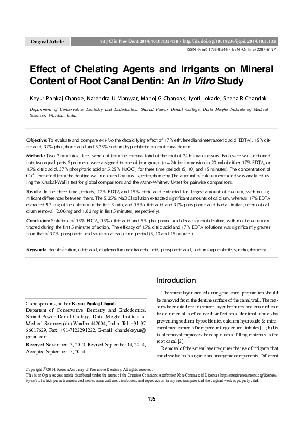 (PDF) Effect of Chelating Agents and Irrigants on Mineral Content of Root Canal Dentin: An In ...