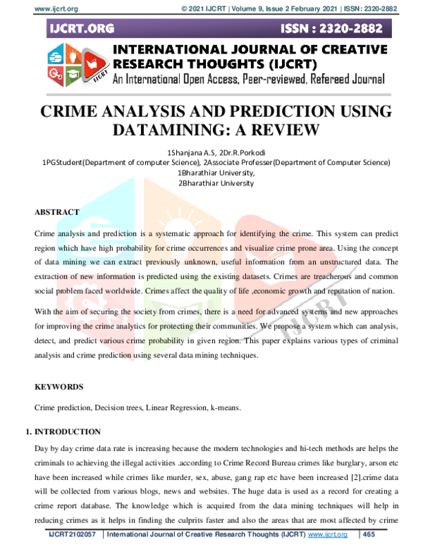 (PDF) Crime Analysis and Prediction Using Datamining: A Review
