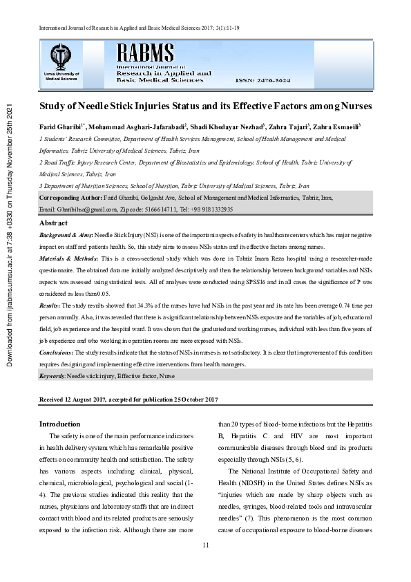 (PDF) Study of Needle Stick Injuries Status and its Effective Factors ...