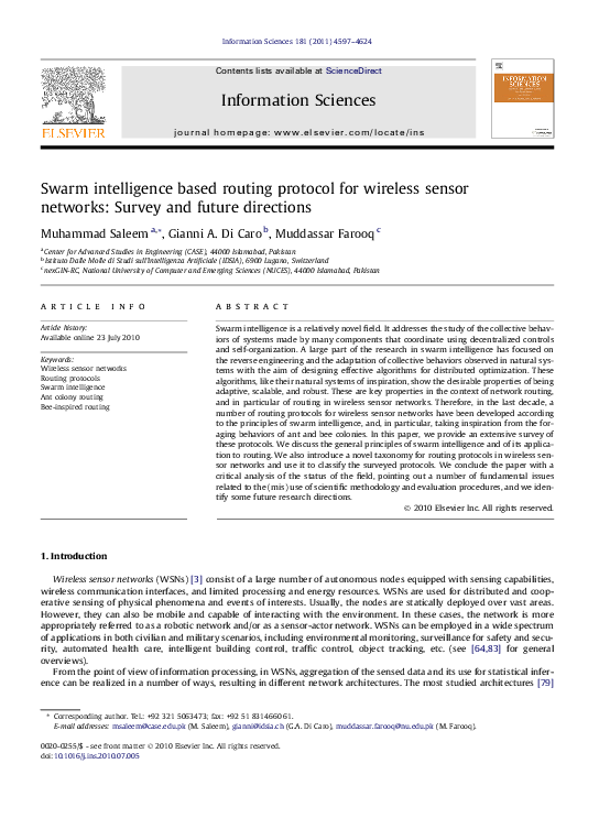 Pdf Swarm Intelligence Based Routing Protocol For Wireless Sensor Networks Survey And Future