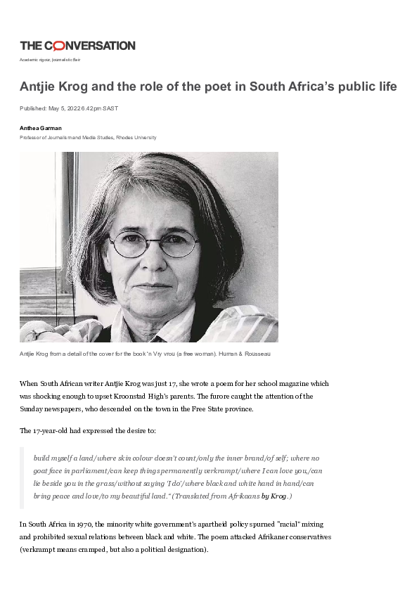 (PDF) Antjie Krog and the role of the poet in South Africa's public life