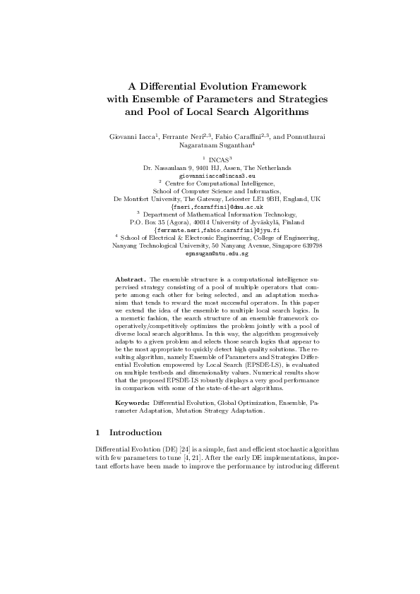 (PDF) A Differential Evolution Framework with Ensemble of Parameters and Strategies and Pool of ...